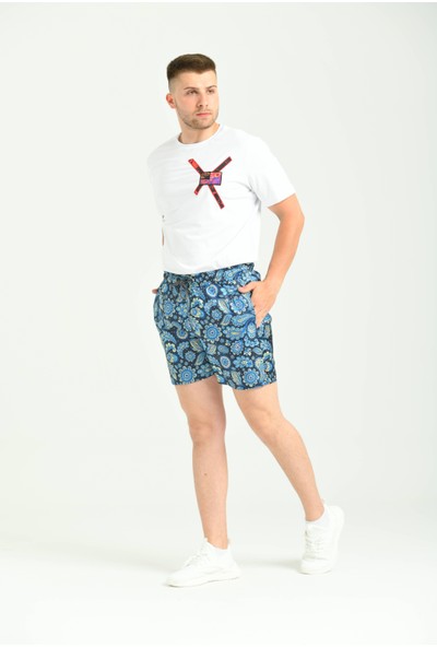Linke Baskılı Mavi Deniz Şortu
