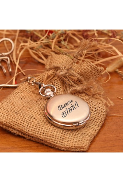 Ahşap Şehri Kişiye Özel Metal Kasa Tren Motifli Köstekli Cep Saati (Gümüş)