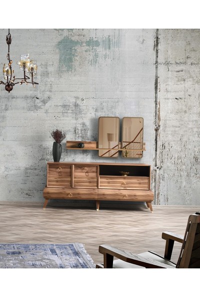 Evistro Ahşap Konsol Ayna Gümüşlük 5 Çekmeceli Ceviz Demonte