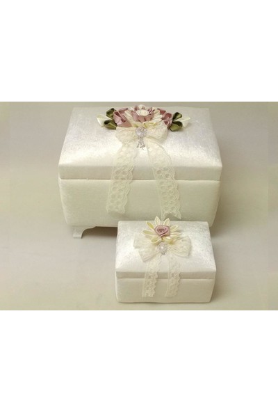 Saten Çiçekli 2'li Çeyiz Sandığı Beyaz