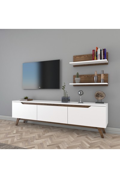 Rani D1 Duvar Raflı Tv Ünitesi Kitaplıklı Tv Sehpası Modern Ayaklı 180 cm Beyaz - Minyatür Ceviz M48 Rani D1 Duvar Raflı Tv Ünitesi Kitaplıklı Tv Sehpası Modern Ayaklı 180 cm Beyaz - Minyatür Ceviz M48