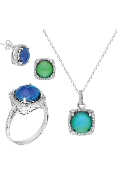 Chavinrenk Değiştiren His Taşlı Gümüş Kolye Yüzük Küpe Set Ea26