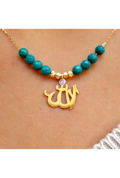 Demasgold Pırlanta 14 Ayar Altın Dorika Firuze Allah 2 Kolye