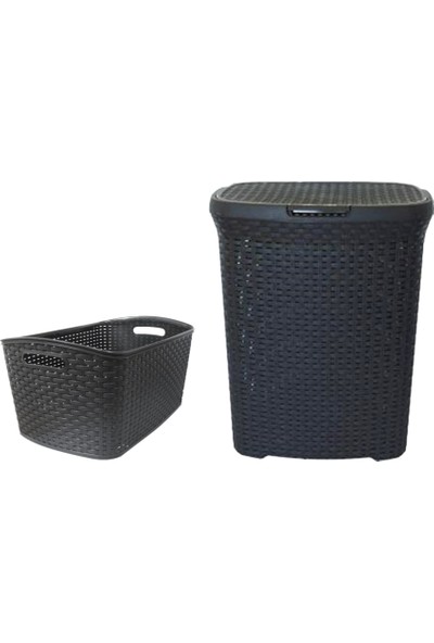 Banadabul Smartwares Çamaşır Sepeti ve Selesi Seti Siyah Rattan Desenli