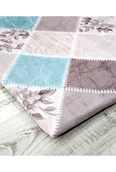 My Evilla Welsoft Lastikli Halı Örtüsü Bej Turkuaz Kare