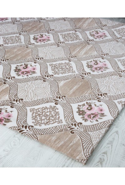 My Evilla Welsoft Lastikli Halı Örtüsü Kahve Pembe Çiçekli