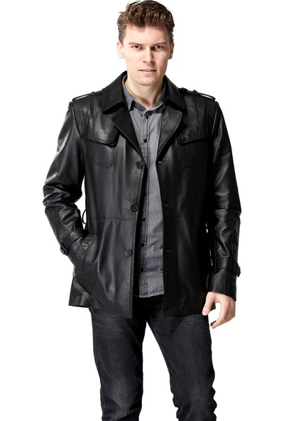 Deriza Kagawa Erkek Siyah Deri Trençkot