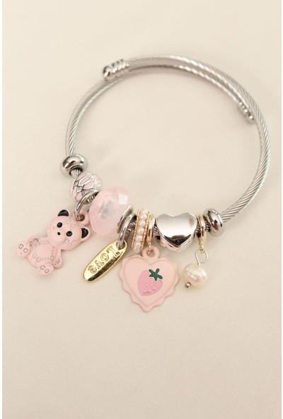 Rebella 1803 Pembe Ayıcık ve Kalpli Charm Bilezik