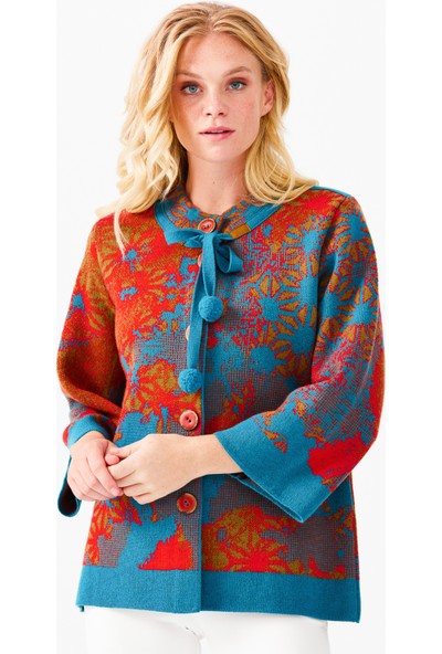 Desen Triko Kadın Dik Yaka Gölge Desenli Truvakar Kol Kısa Ceket Mercan Desen Triko Kadın Dik Yaka Gölge Desenli Truvakar Kol Kısa Ceket Mercan