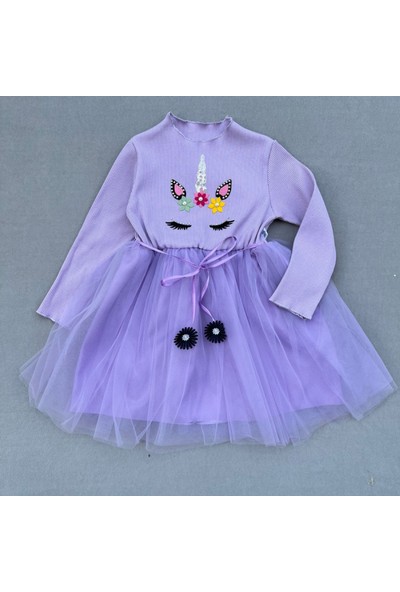 Kız Çocuk Elbise Uzun Kollu Unicorn Tütü Lila 5 Yaş PS10430