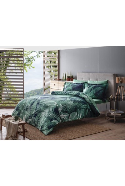 Taç Dijital Saten Yorgan Seti King Size Rain Yeşil