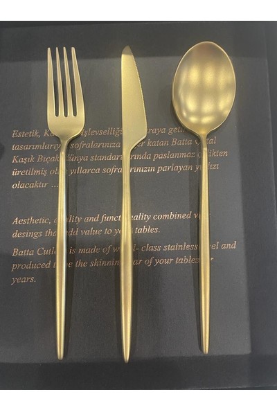 Batta Mahila 8000 Titanyum Mat Gold 24 Parça Tatlı Çatal Kaşık Bıçak Takımı Batta Mahila 8000 Titanyum Mat Gold 24 Parça Tatlı Çatal Kaşık Bıçak Takımı