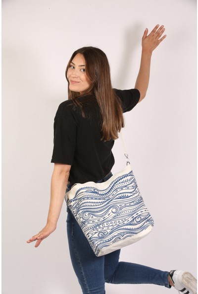 Ateelie Dalga Desenli Kadın Keten Plaj Çantası