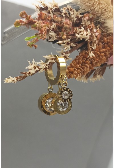 Çelik Zirkon Taşlı Roma Rakamlı Üçlü Küpe Çelik Zirkon Taşlı Roma Rakamlı Üçlü Küpe