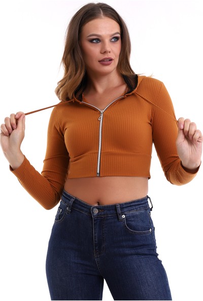 Hardal Rengi Crop Kaşkorse Fitilli Ince Kumaş Crop