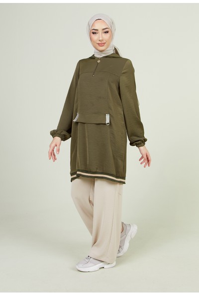 Haki Kol Büzgülü Kapişonlu Tunik 2224061