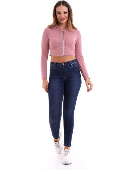 Enfi Kapüşonlu Fermuarlı Crop Kaşkorse Fitilli Ince Kumaş