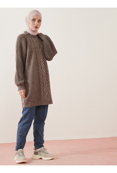 Selanik Örgü Italyan Kol Ön Beden Saç Örgü Detaylı Triko Tunik - Vizon - Por La Cara