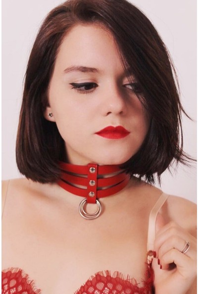 Oresse Üçlü Ince Şerit Halka Detaylı Deri Choker - APFT676 Oresse Üçlü Ince Şerit Halka Detaylı Deri Choker - APFT676