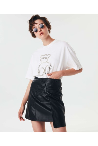 Twist Deri Görünümlü Mini Etek