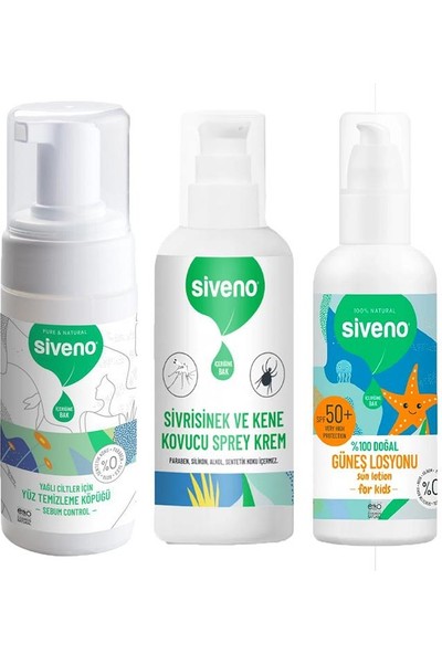 Siveno Sinek ve Kene Kovucu Sprey Krem, Yüz Temizleme Köpüğü ve Çocuk Güneş Losyonu Siveno Sinek ve Kene Kovucu Sprey Krem, Yüz Temizleme Köpüğü ve Çocuk Güneş Losyonu