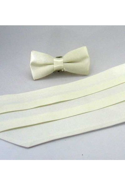 Gaffy Krem Çocuk Boy Düz Renk Saten Kuşak Papyon Takım - Ckp-06