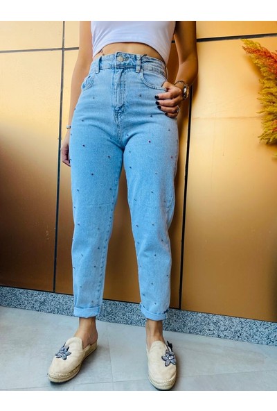 Butik Hilal Coşkun Yüksek Bel Taş Işlemeli Buz Mavi Jean