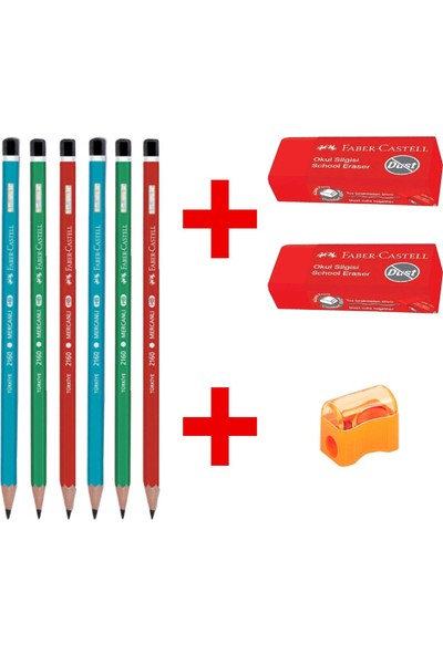 Faber-Castell Kurşun Kalem 6 Adet Faber Büyük Boy Kırmızı Silgi 2 Adet ve Kalemtıraş Faber-Castell Kurşun Kalem 6 Adet Faber Büyük Boy Kırmızı Silgi 2 Adet ve Kalemtıraş