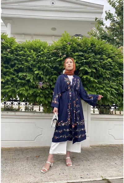 Rasedesing Çiçek Desenli Kemerli Lacivert Kimono