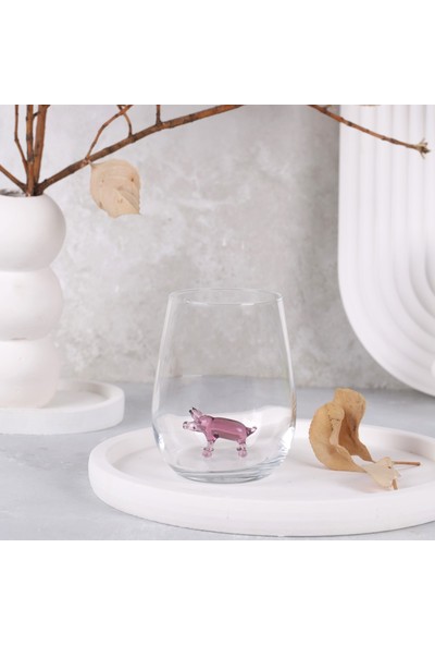 Mor Domuz Cam Figürlü Tekli Su Bardağı