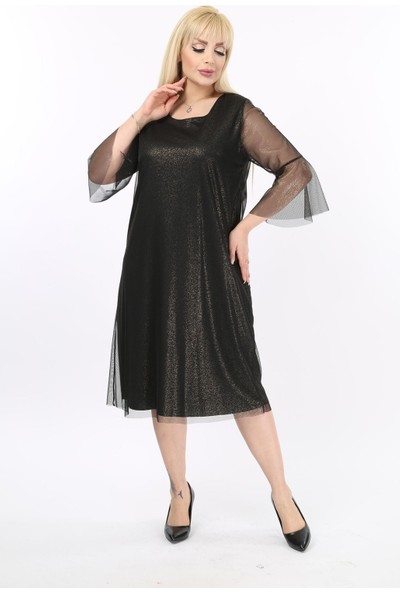 Modayız Ispanyol Kol Büyük Beden Simli Abiye Elbise 38D-2171