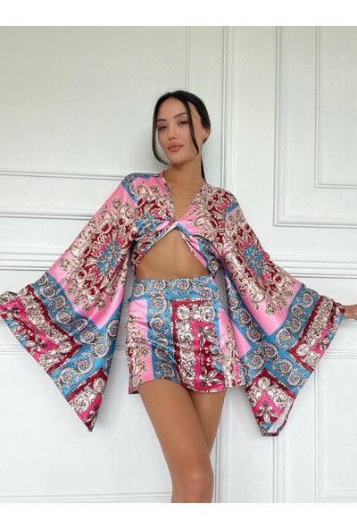 Desenli Saten Crop Kimono