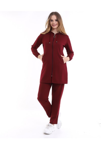 Enfi Kırmızı Fermuarlı Kapüşonlu Spor Tunik Takım Enfi Kırmızı Fermuarlı Kapüşonlu Spor Tunik Takım