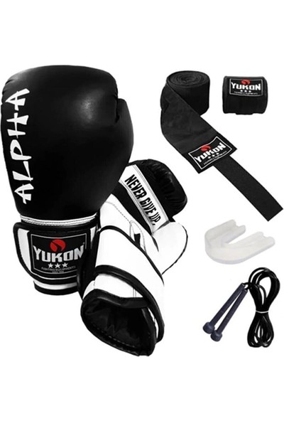 Yukon Alpha Boks Eldiveni Siyah Boks Bandajı Dişlik Atlama Ipi - 4'lü Set Yukon Alpha Boks Eldiveni Siyah Boks Bandajı Dişlik Atlama Ipi - 4'lü Set