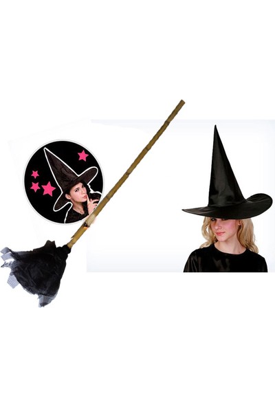 Uray Toptan Siyah Cadı Şapkası - Bambu Saplı Cadı Süpürgesi - 2 Li Set