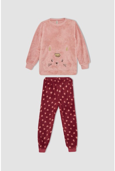 DeFacto Kız Çocuk Regular Fit Desenli Pelüş Uzun Kollu Pijama Takımı Y3673A622WN DeFacto Kız Çocuk Regular Fit Desenli Pelüş Uzun Kollu Pijama Takımı Y3673A622WN
