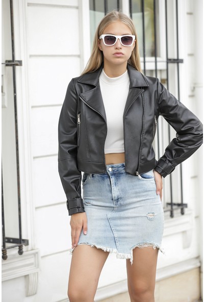 Kadın Siyah Balon Kollu Suni Deri Ceket