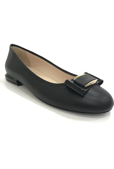 İzland Shoes Kadın Siyah Şık Altın Metalik Tokalı Babet