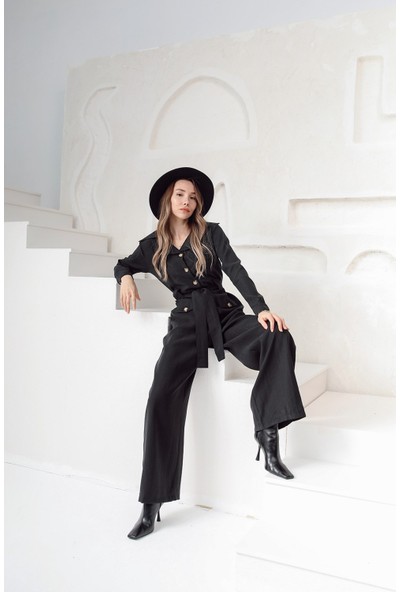 Havoş Siyah Önü Düğmeli Kuşaklı Tulum