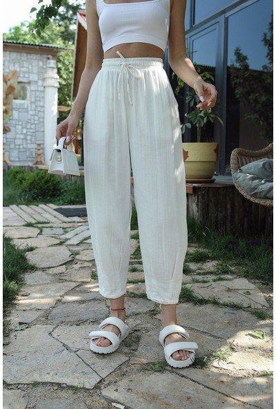 Havoş Ekru Beli Ipli Müslin Pantolon