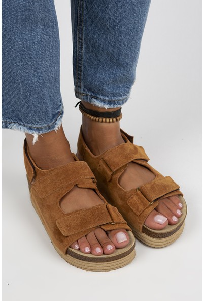 Manijero Emilia Kadın Hakiki Deri Çift Cırtlı Taba Sandalet