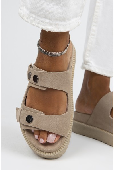 Manijero Carmen Kadın Hakiki Deri Çift Bantlı Bej Terlik Manijero Carmen Kadın Hakiki Deri Çift Bantlı Bej Terlik