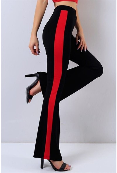 Shess Şeritli Ispanyol Paça Pantolon Siyahkırmız