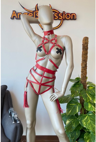 Modanight Tasmalı Kırmızı Harness Fantazi Iç Giyim Takım Modanight Tasmalı Kırmızı Harness Fantazi Iç Giyim Takım