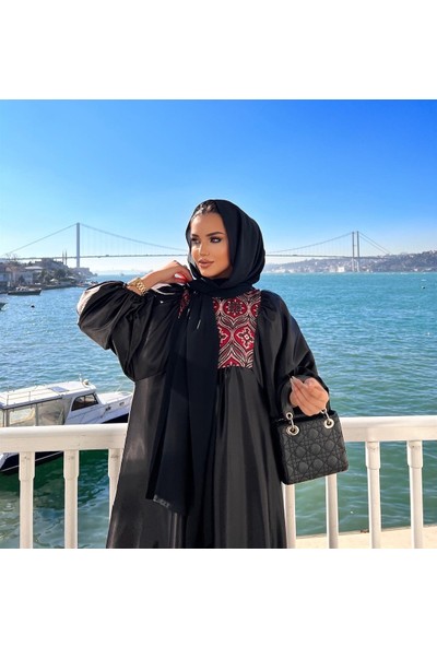 Sawosh Siyah Balon Kol Saten Elbise