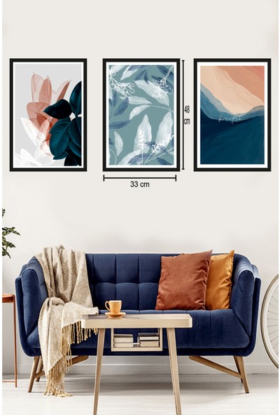 Has Ozalit 3 Parça Oturma Odası Yaprak Detaylı Siyah Çerçeveli Karışık Renkli Duvar Tablosu 35*50