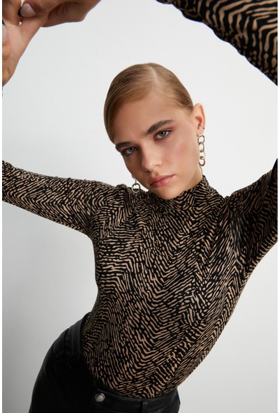 BiPantolon Kadın Siyah Camel Yan Damla Desenli Body