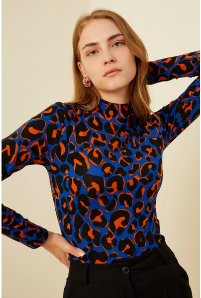 BiPantolon Kadın Mavi Turuncu Leopar Desenli Body BiPantolon Kadın Mavi Turuncu Leopar Desenli Body