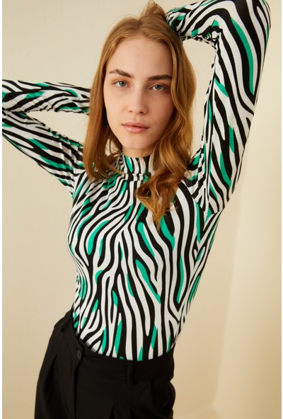 BiPantolon Kadın Yeşil Siyah Zebra Desenli Body