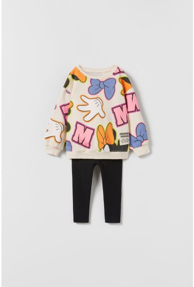 Miniko Kids Kız Çocuk Mickey ve Ayıcık Bisiklet Yaka Pamuk Taytlı Eşofman Takımı